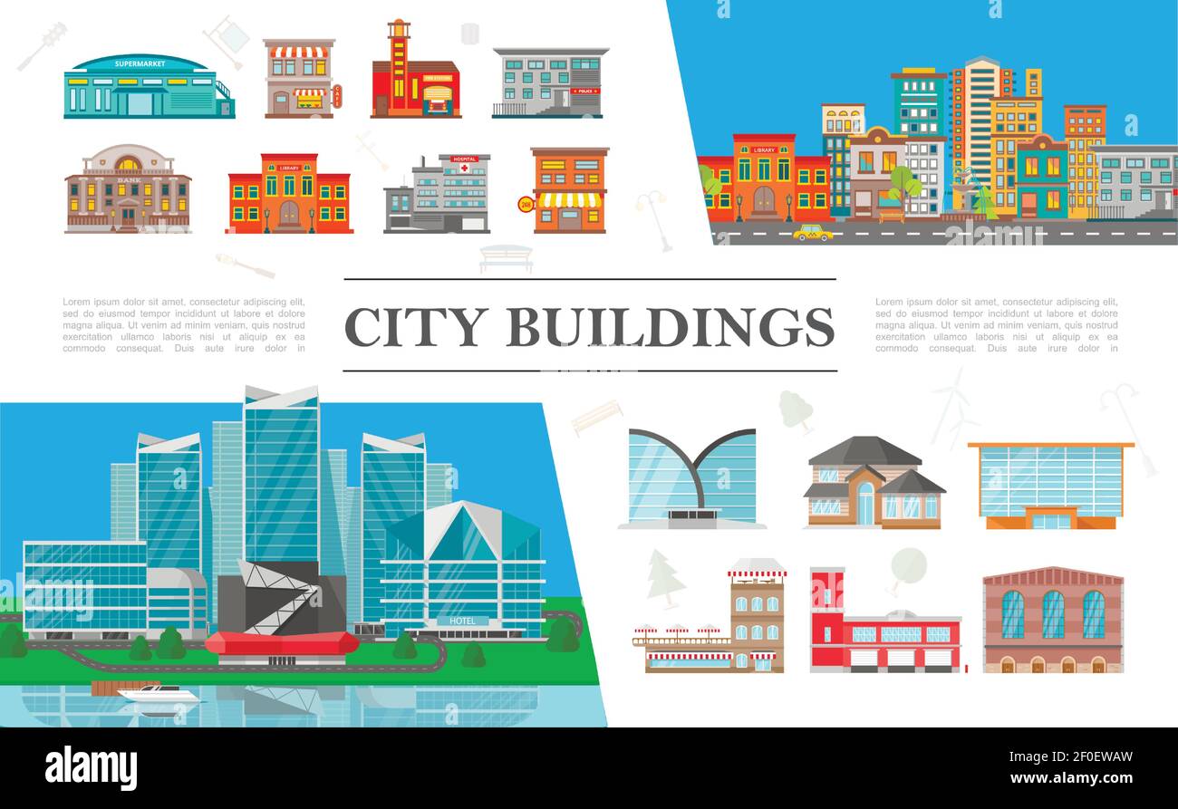Flat cityscapes colorful composition with modern and municipal city ...