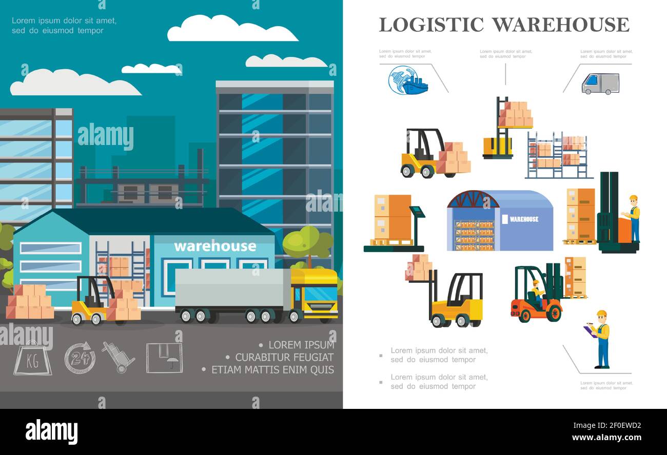 Flat warehouse logistics concept with truck loading process storage ...