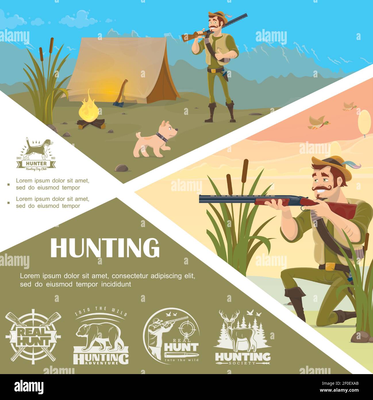 Flat hunting colorful template with standing and aiming hunter camp dog ...