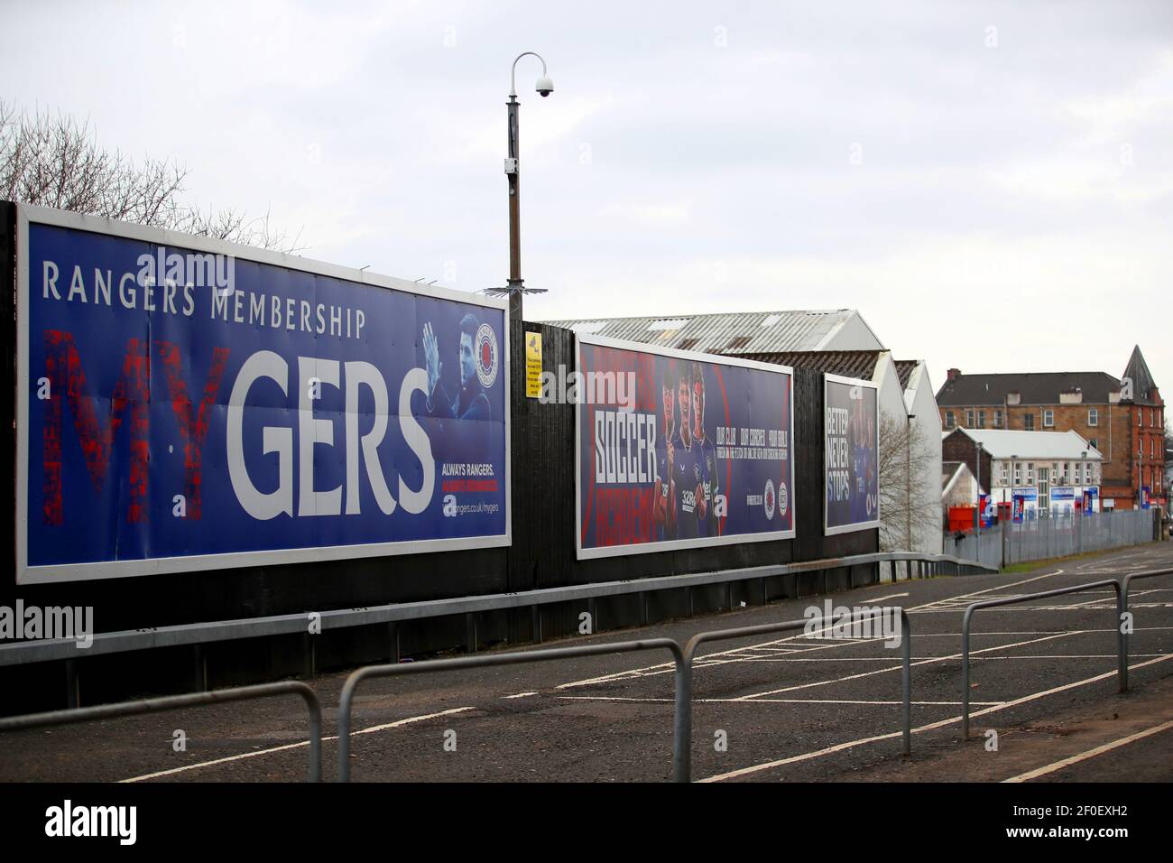 A general view of billboards outside of the Ibrox Stadium, Glasgow ...