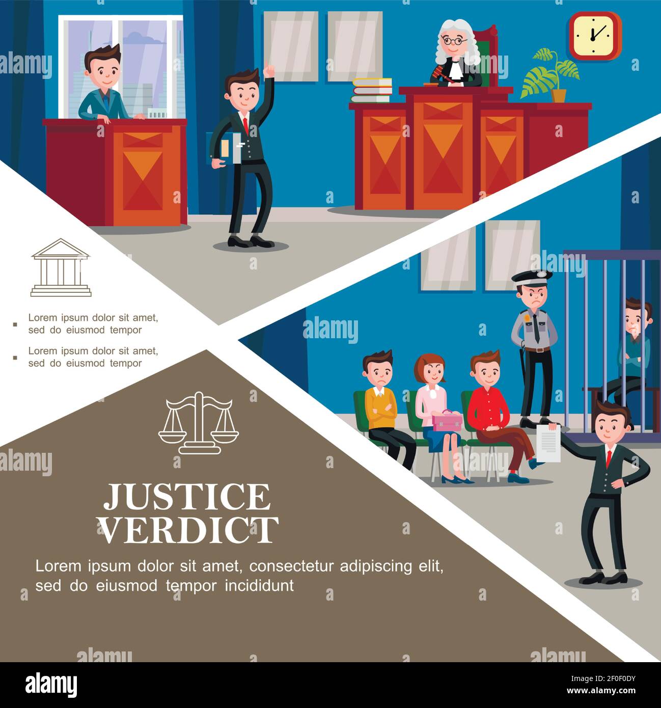 Flat judicial system template with different participants of court ...