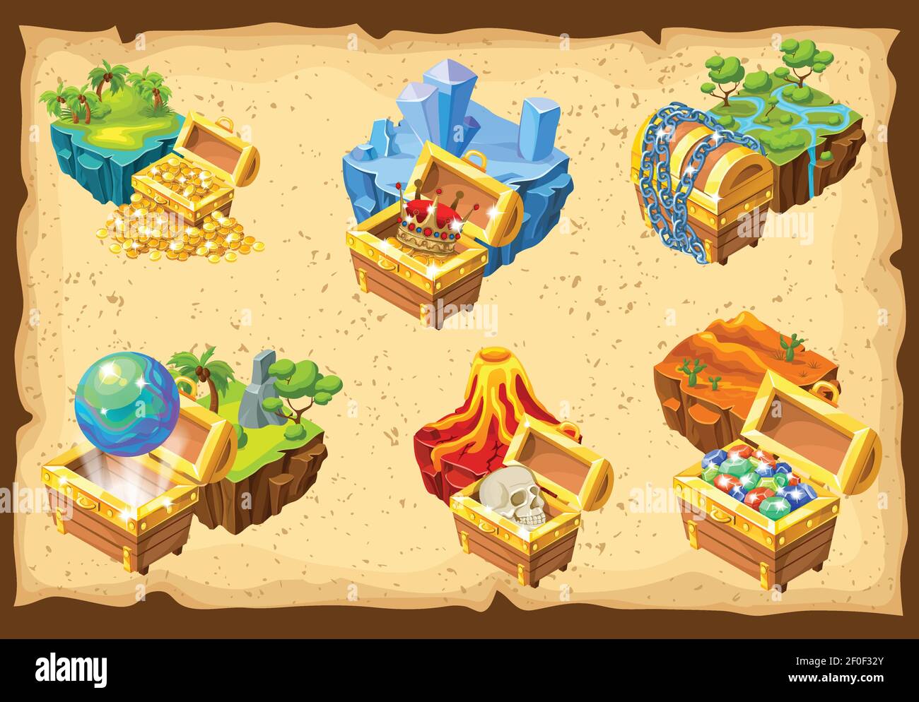 Isometric set of gaming islands with various landscapes and hidden ...