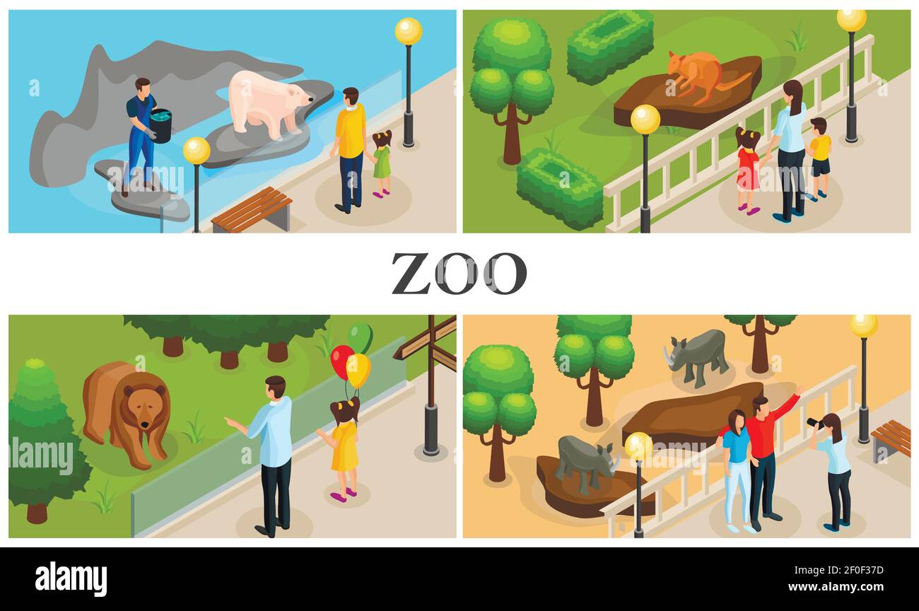 Isometric zoo animals colorful composition with parents children ...