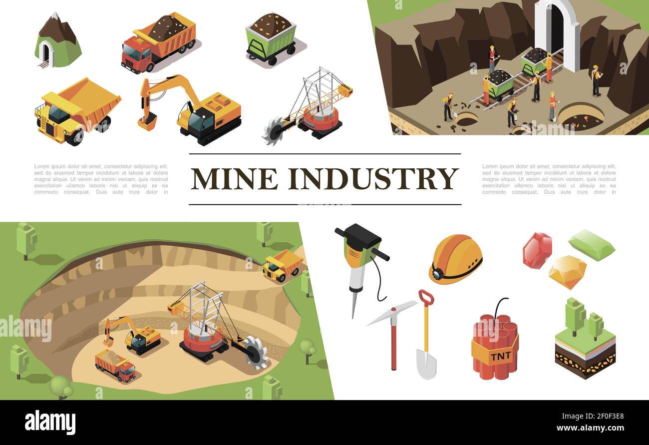 Isometric mining industry composition with quarry machine excavator ...