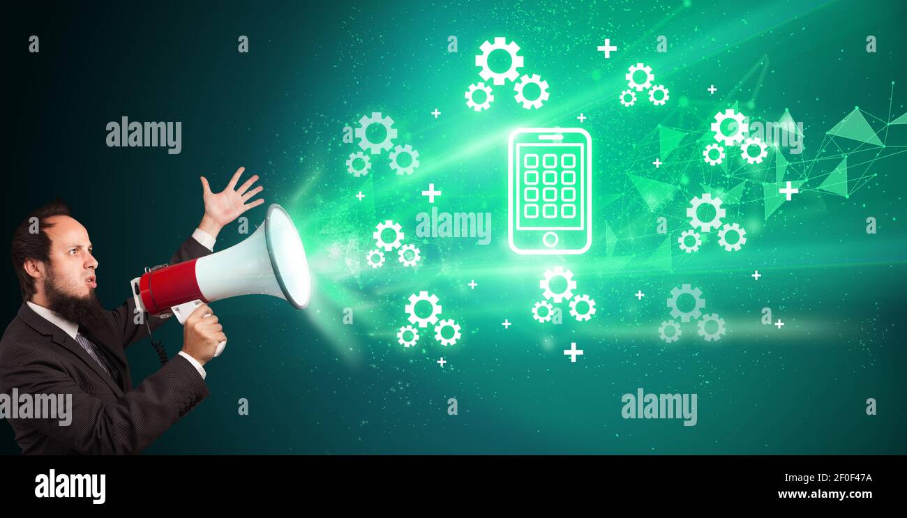 Young person yelling in loudspeaker with smartphone icon, modern ...