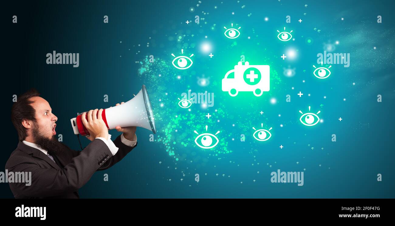 Young person shouting in megaphone and ambulance icon, medical concept ...