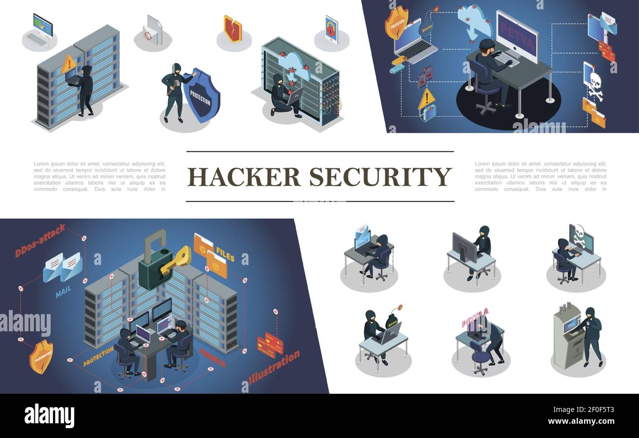 Isometric Hacking Activity Composition With Hackers Committing Different Internet And Cyber