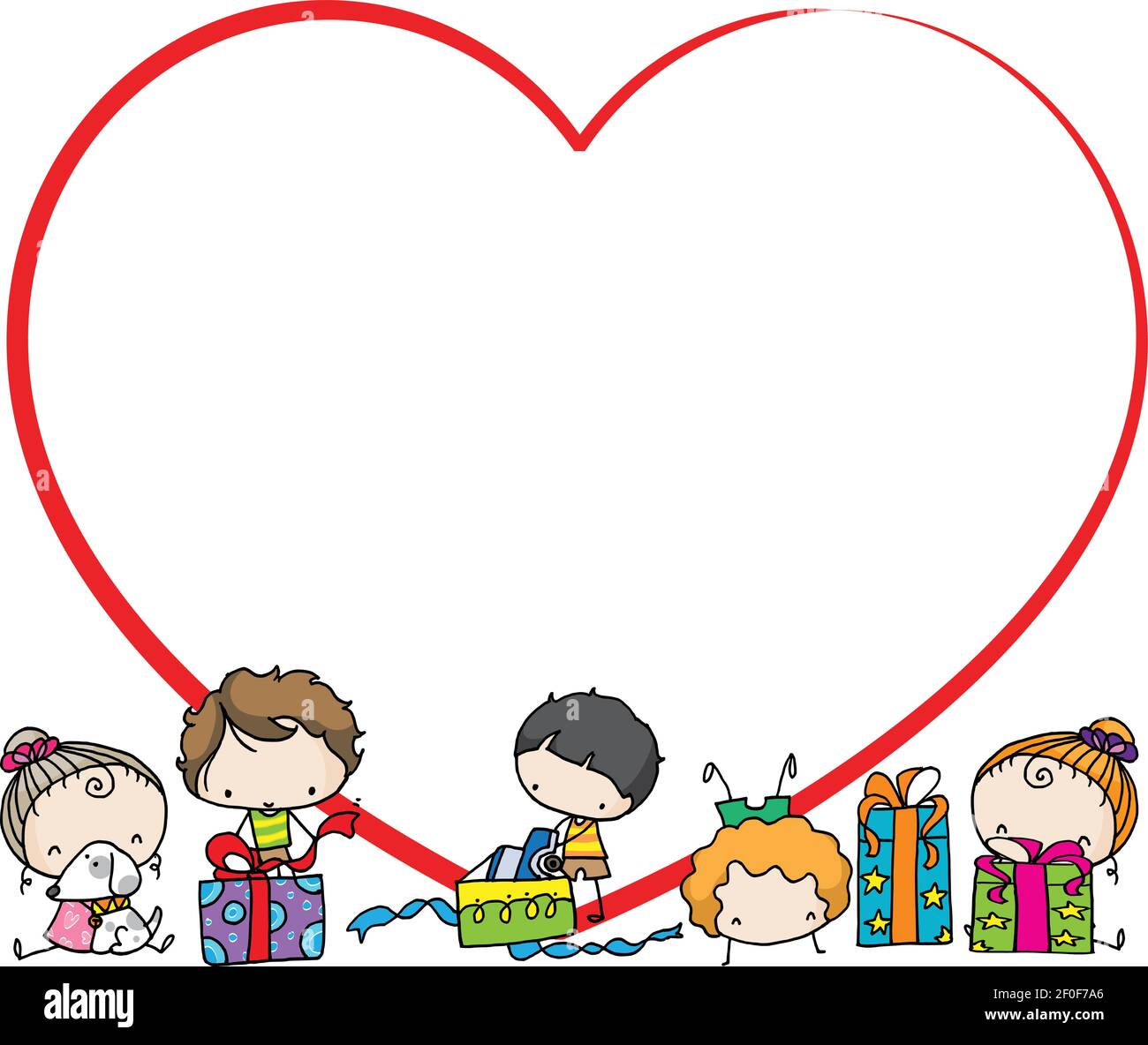 vector drawing kids with gift heart shape border Stock Vector Image ...