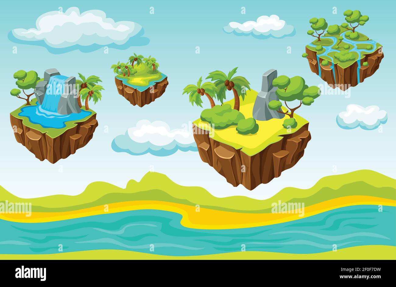 Computer game level including hanging islands with various sceneries on ...