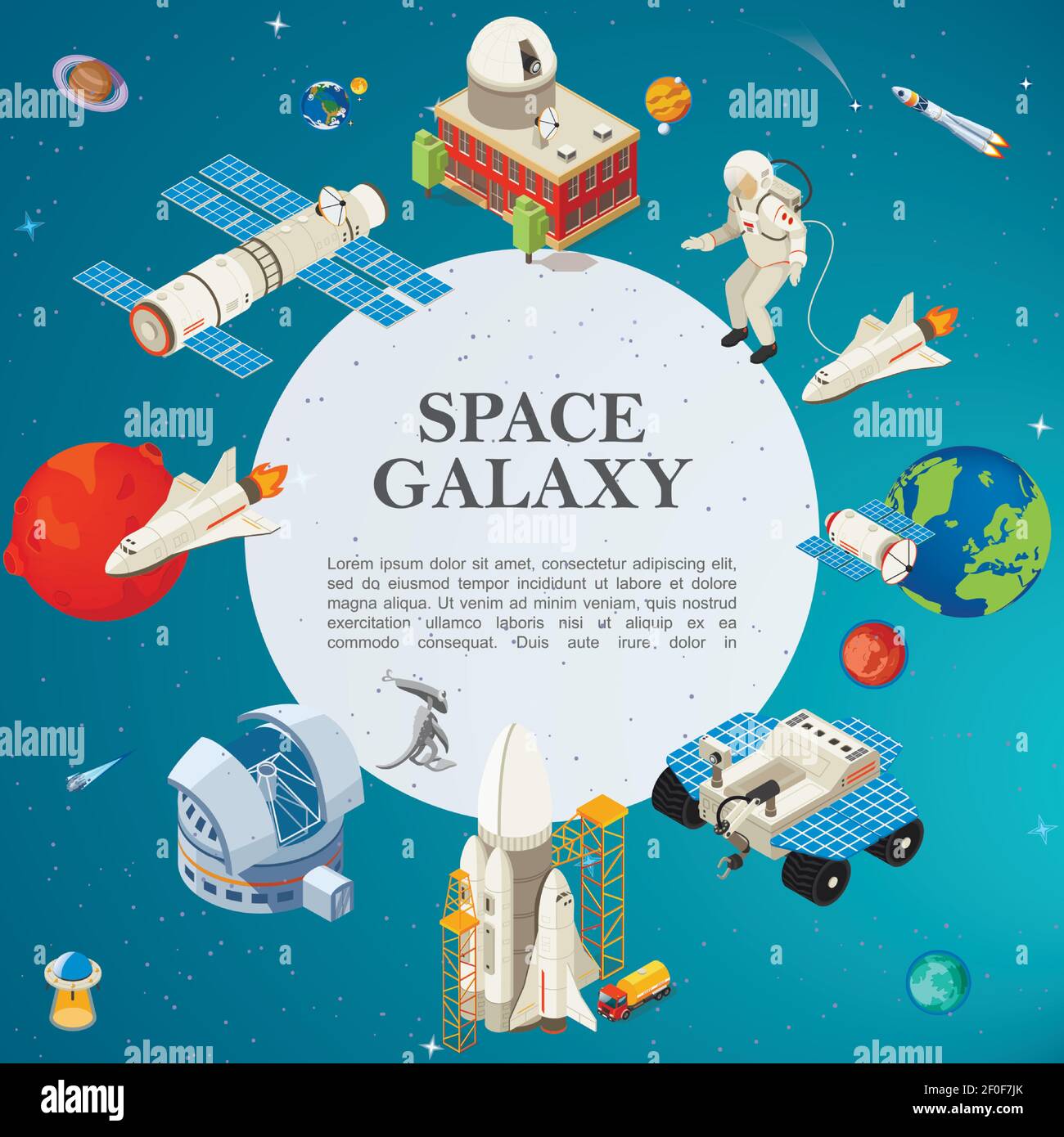 Isometric space round concept with satellite planetarium cosmic base ...