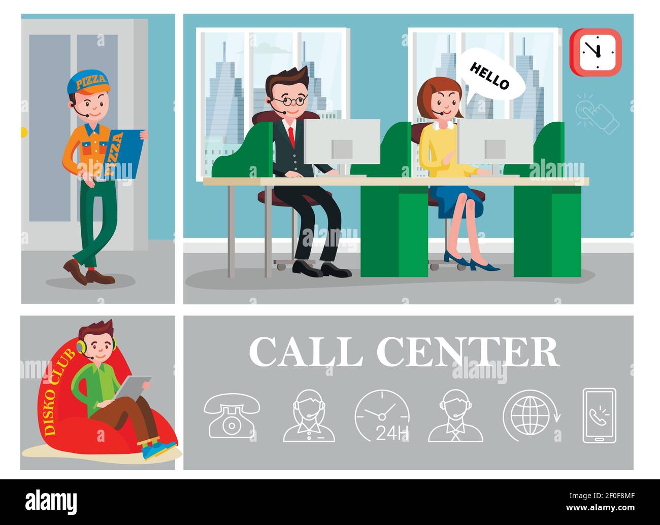 Call center colorful composition with helpline services support workers ...