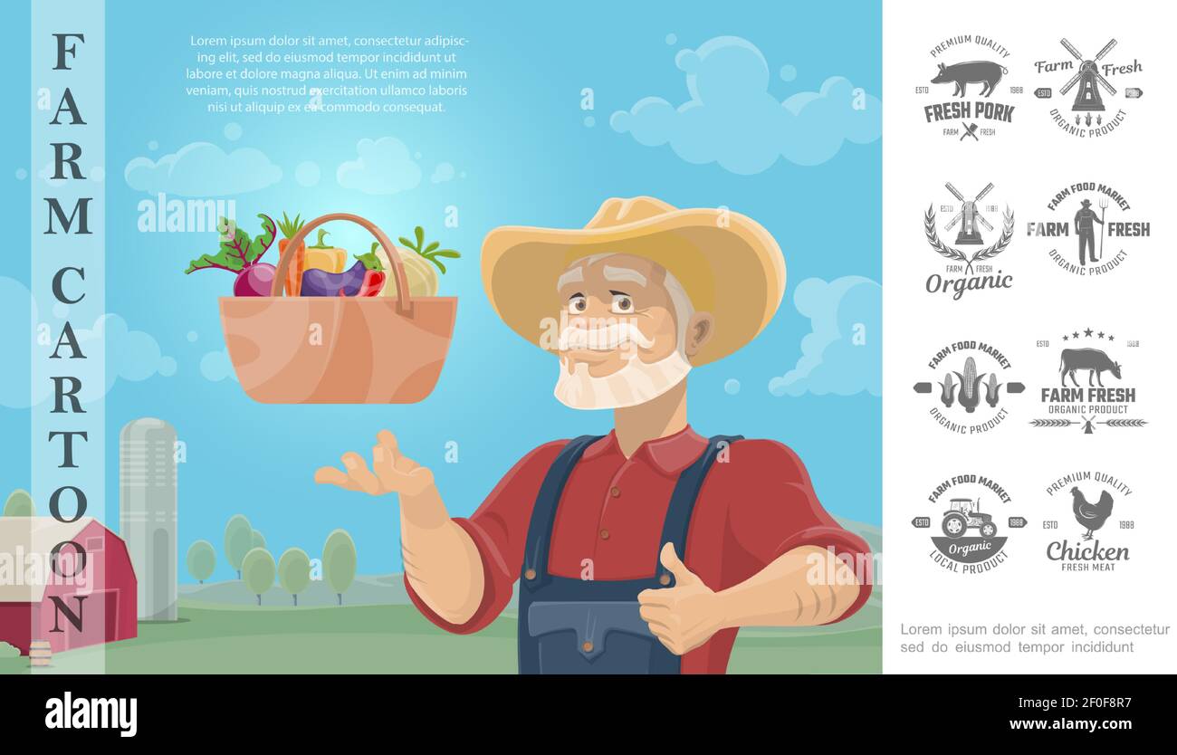 Cartoon farming colorful concept with farmer basket of vegetables and ...