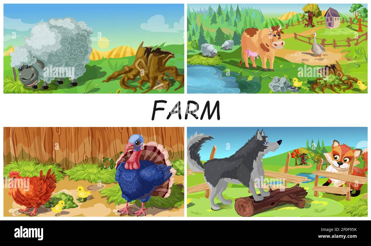 Colorful farm animals concept with sheep cow goose chicken turkey and ...