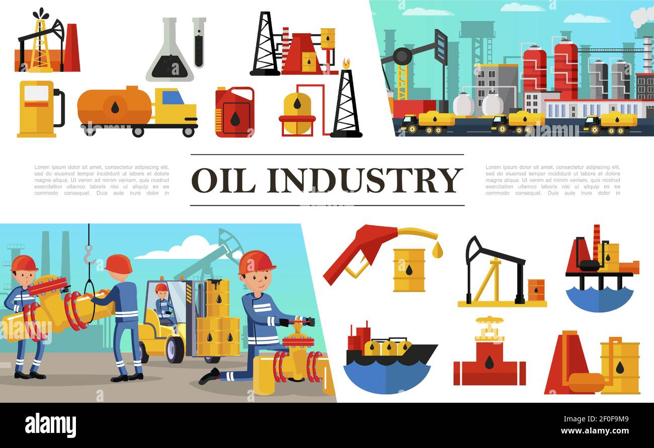 Flat oil industry composition with industrial workers fuel truck ...