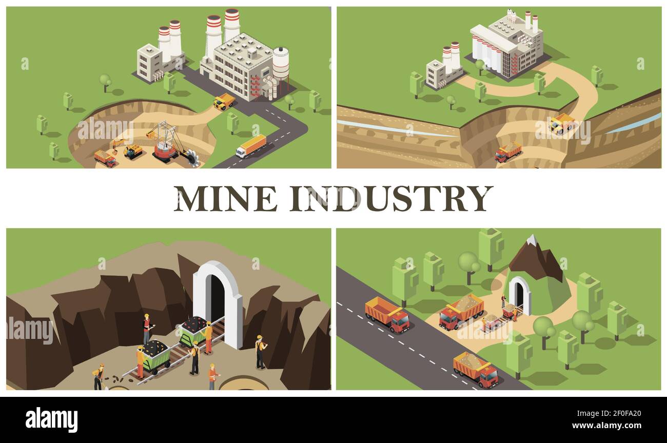 Isometric mining industry colorful composition with factories ...