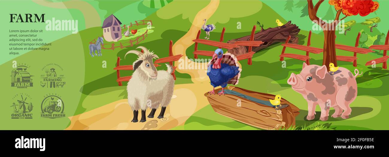 Cartoon farm colorful template with cute animals on countryside ...