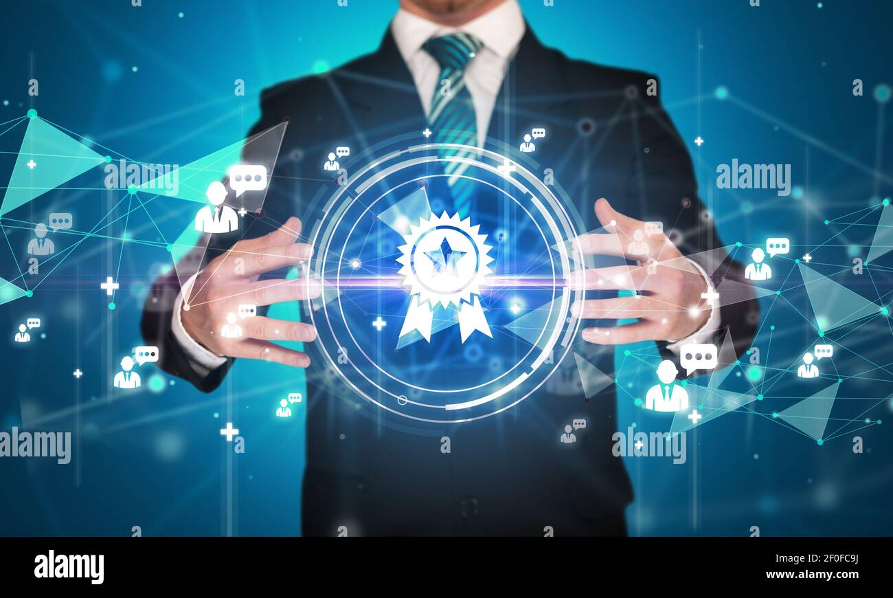 Solution concept in the hands of businessmen with guarantee label icon ...