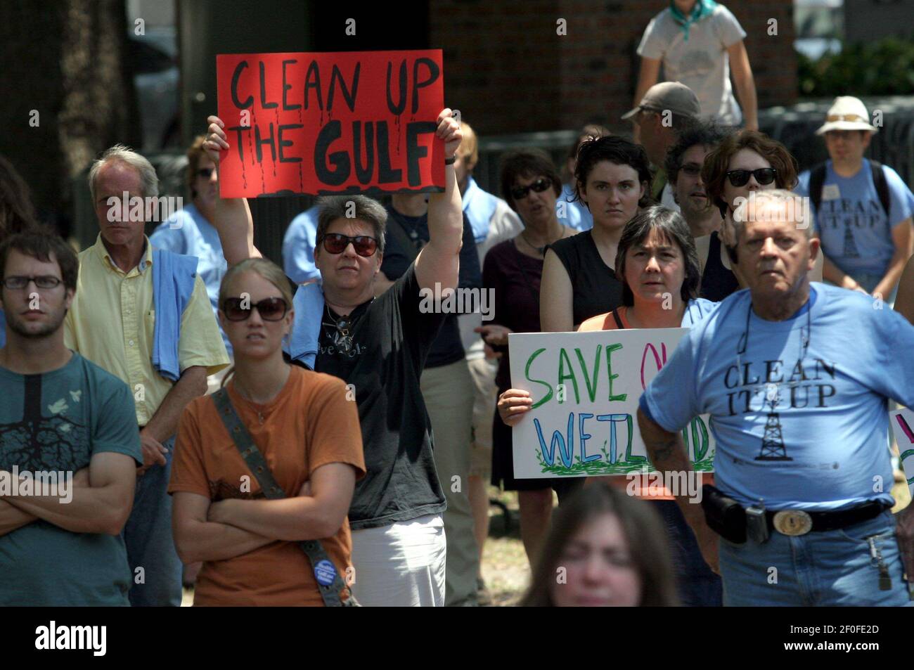08 May 2010. New Orleans, Louisiana, USA. Protesters listen to Allison ...