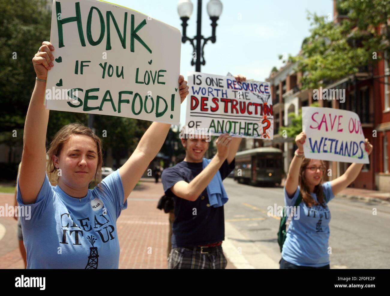 08 May 2010. New Orleans, Louisiana, USA. Protesters listen to Allison ...