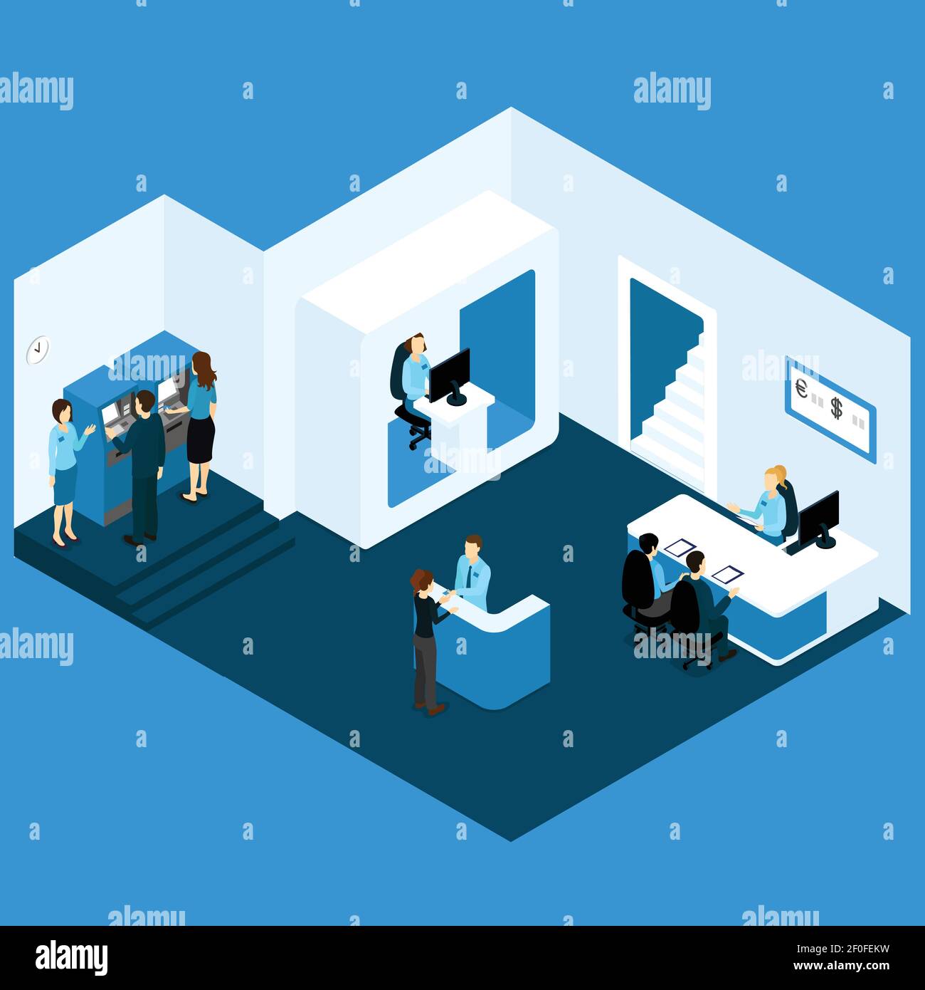 Isometric credit issuing bank room composition with office venue ...