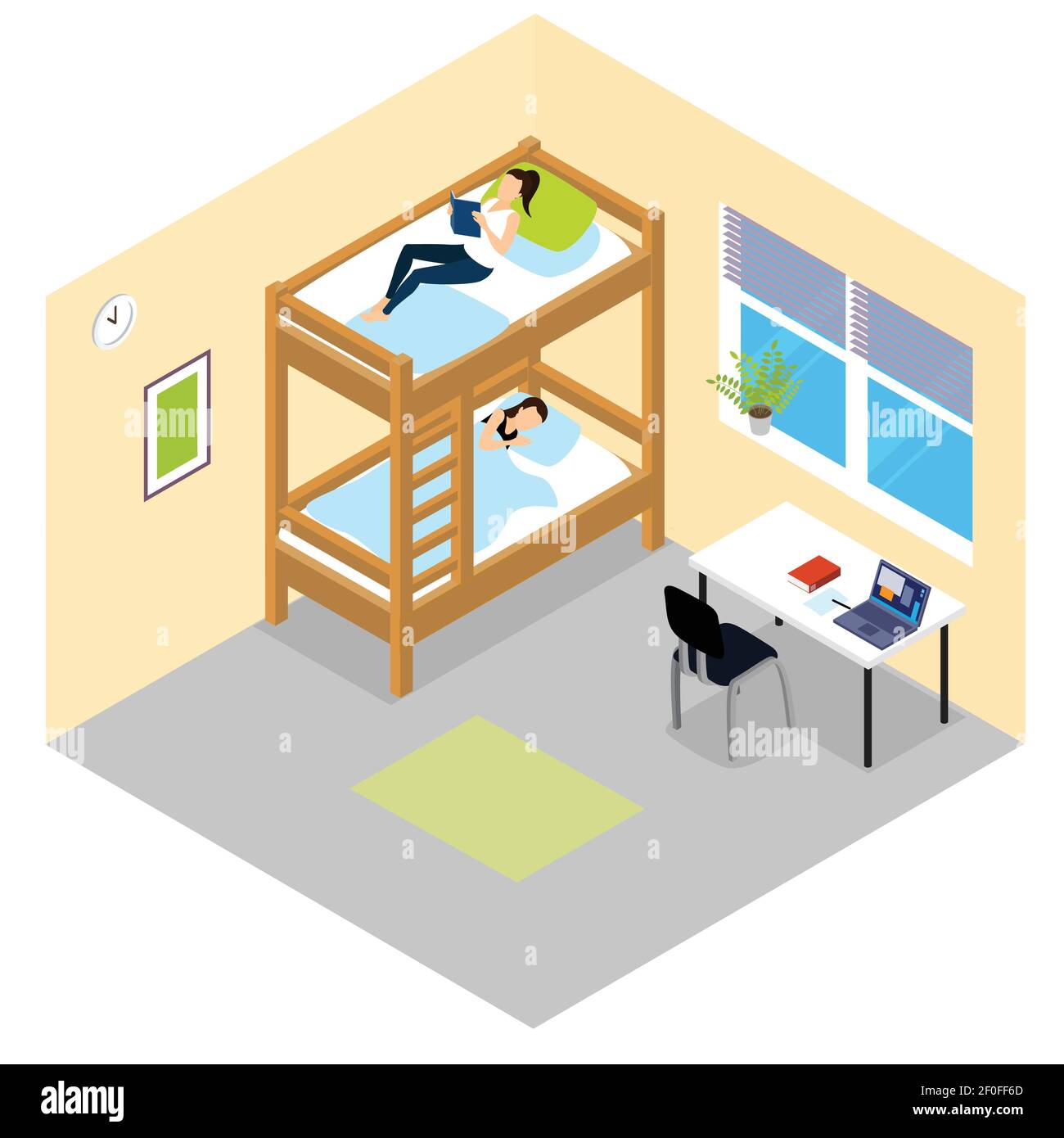 Student room isometric composition in dormitory with bunk bed where ...