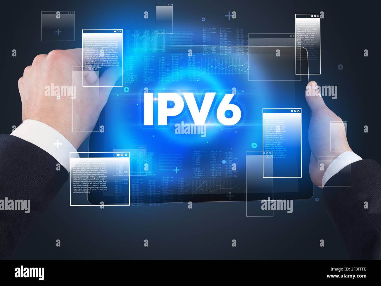 Close-up of a hand holding tablet with IPV6 abbreviation, modern ...