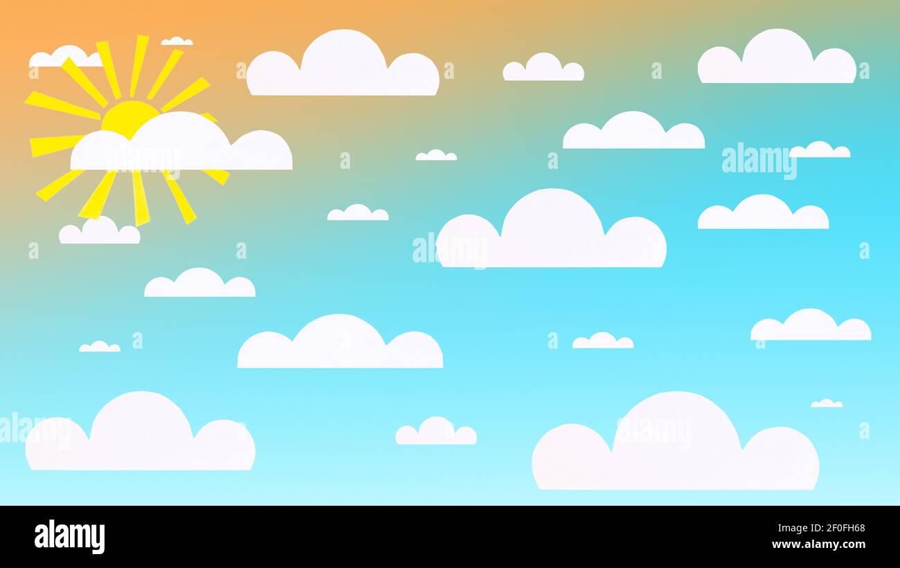 3d illustration of a bright blue sky with the sun and paper clouds. Bright summer blue sky ...