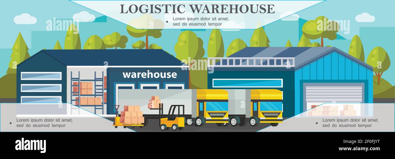 Warehouse logistics colorful background with process of trucks loading ...