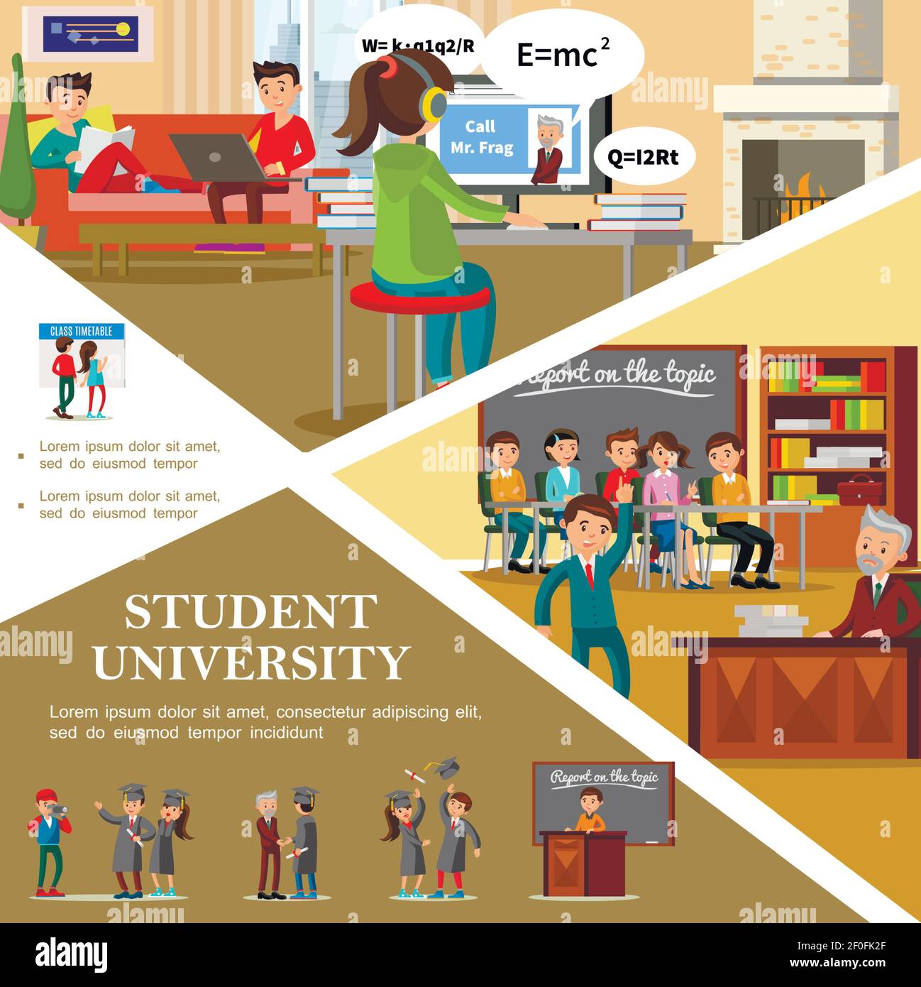 Colorful people in university flat template with students in classroom ...