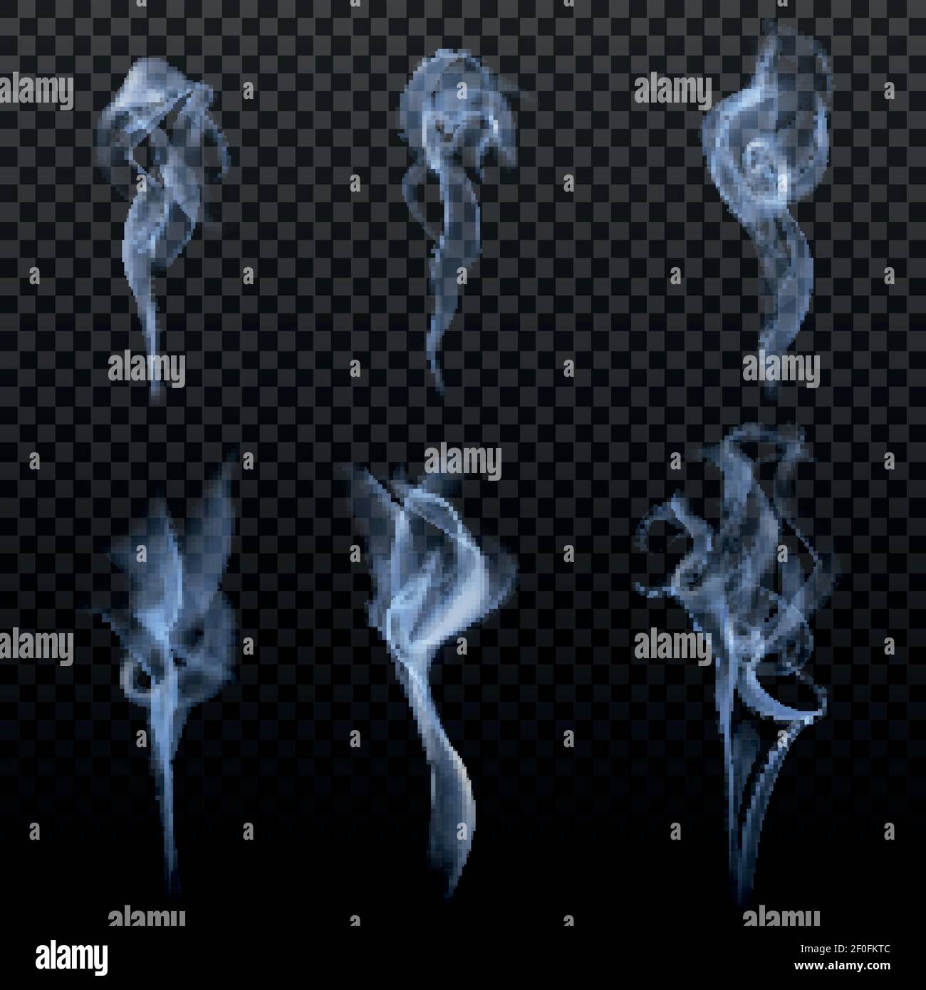 Set of isolated cigarette smoke trails realistic images with decorative blurry forms on dark ...