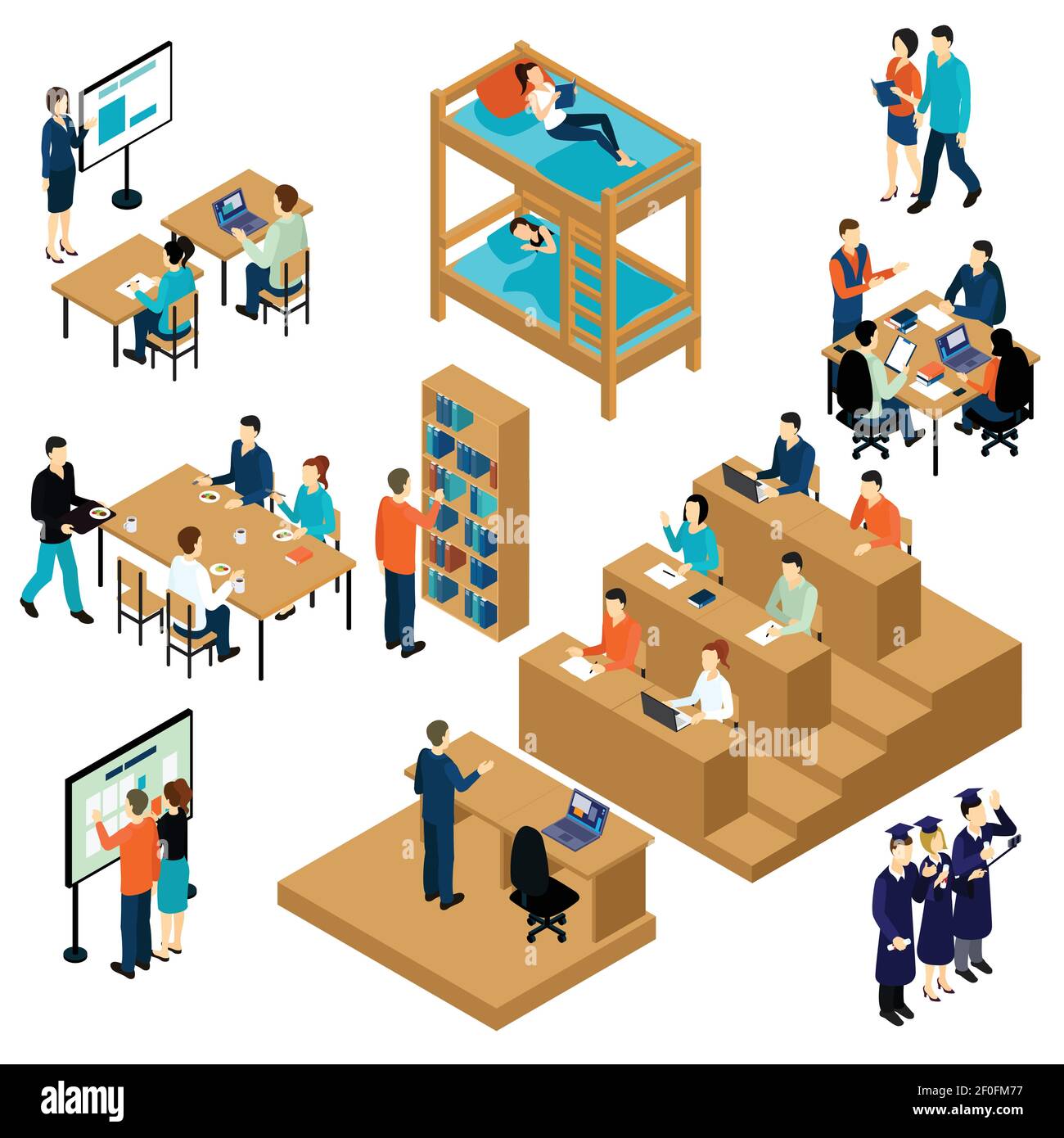 Colored 3d education isometric student icon set with people who are ...