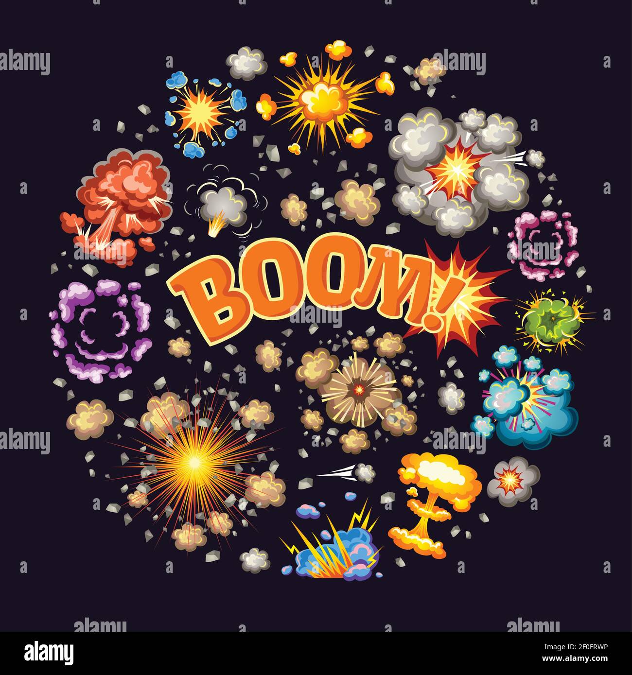 Explosions effects round design with rays clouds of smoke lightnings on ...