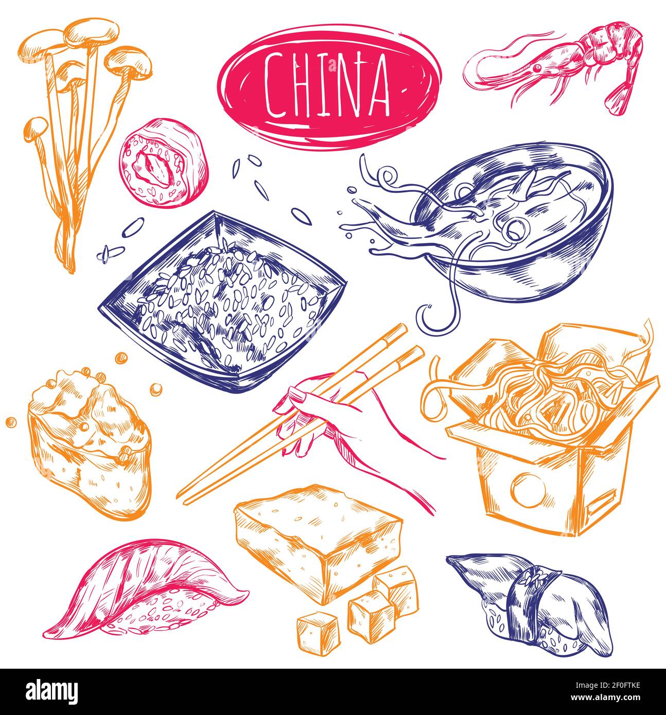 Chinese oriental cuisine elements set in hand drawn sketch style with ...