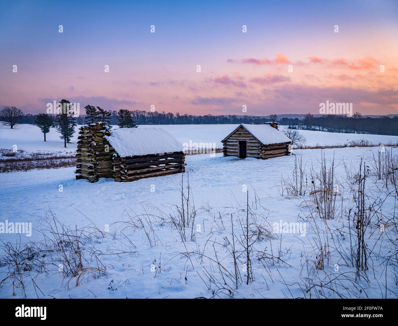 Log cabins in the winter snow, Valley Forge National Park Stock Photo ...