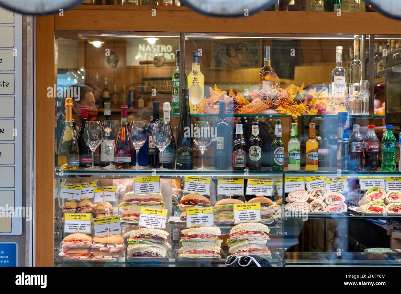 Venice, Italy. Shop window selling snacks, sandwiches, pizza and other ...
