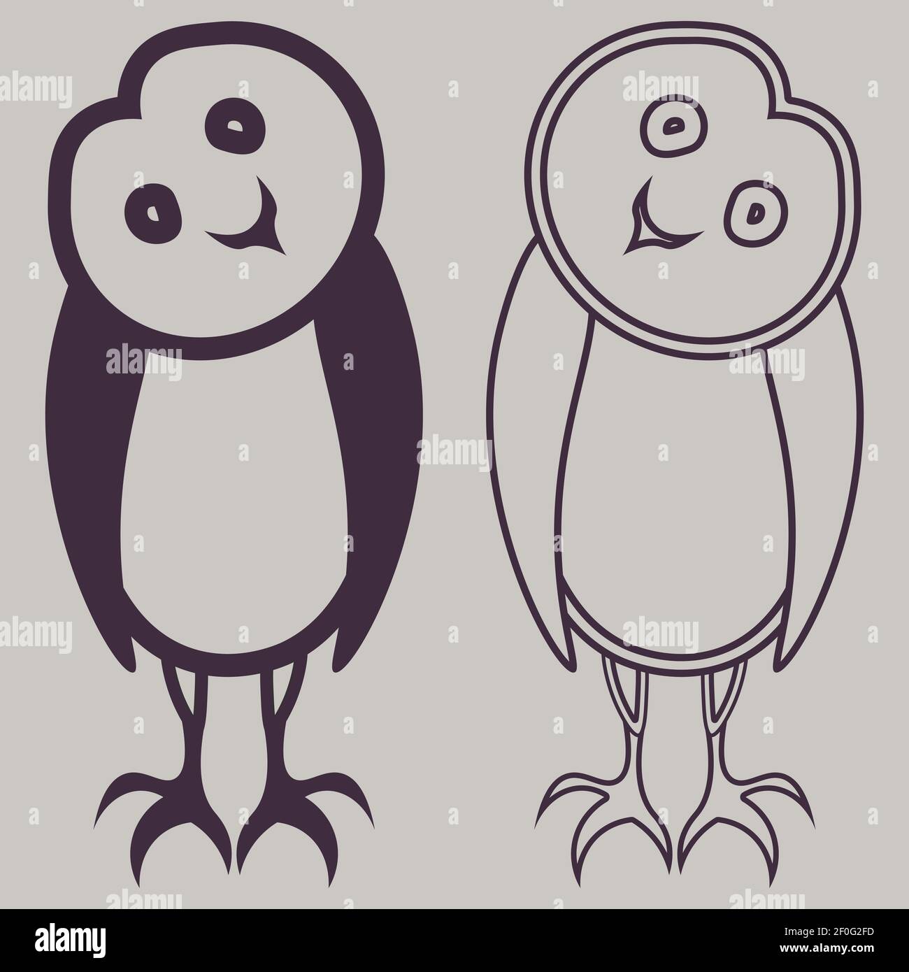 cute illustration of two weird staring cartoon owls turning their heads ...