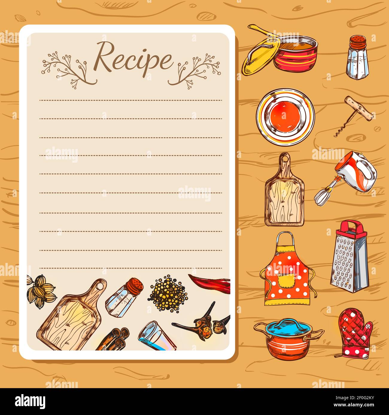 Recipe book page with empty writing field and isolated decorative ...