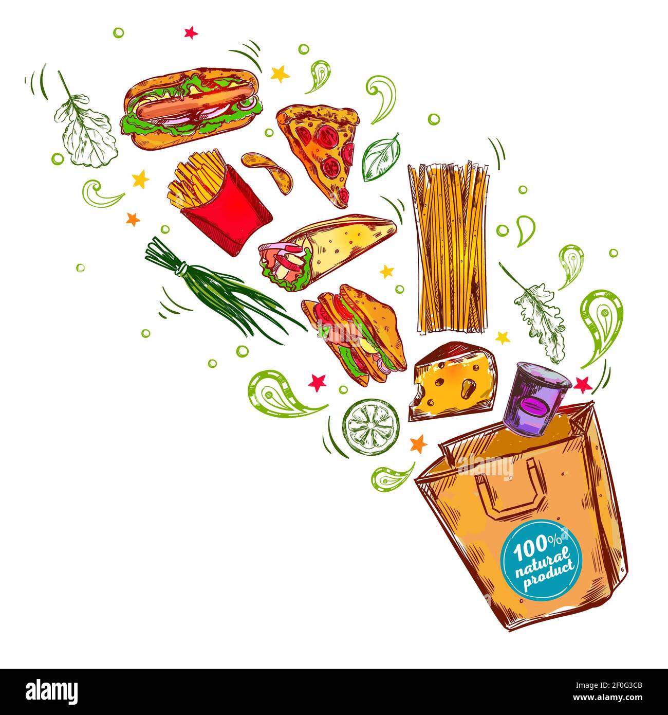 Composition with fast food meal pasta cheese lettuce and various drawn ...