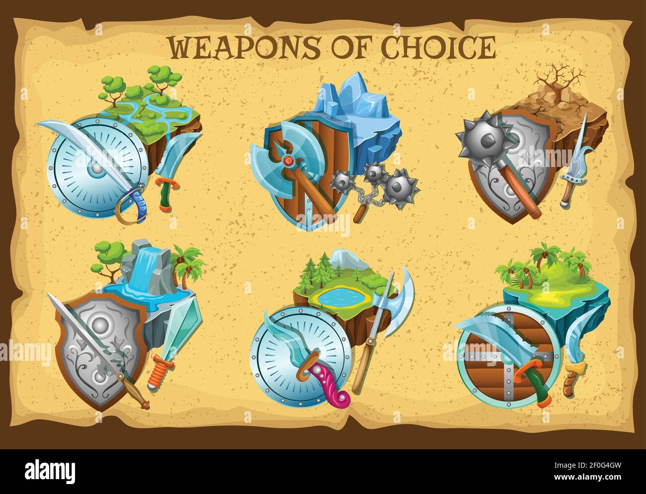 Choice of game level with set of weapon and ground landscapes on ...