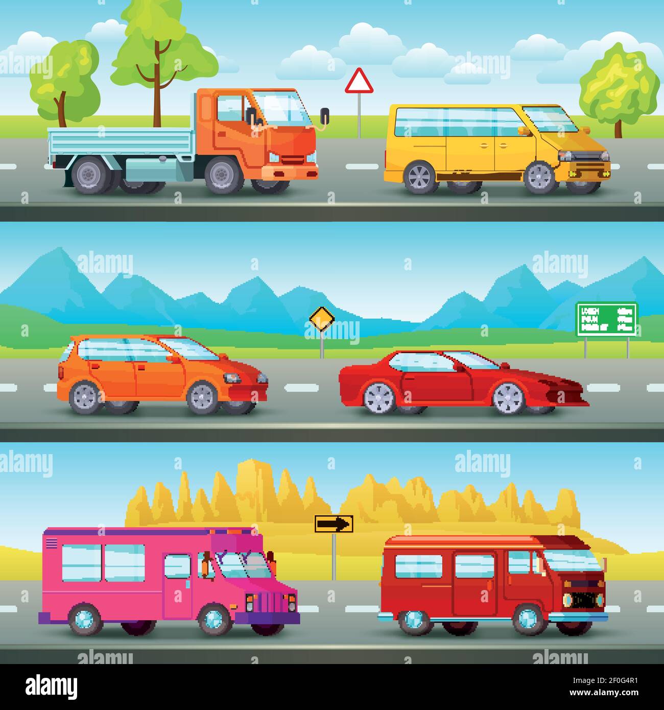 Three horizontal city banners set with orthogonal cartoon images of ...