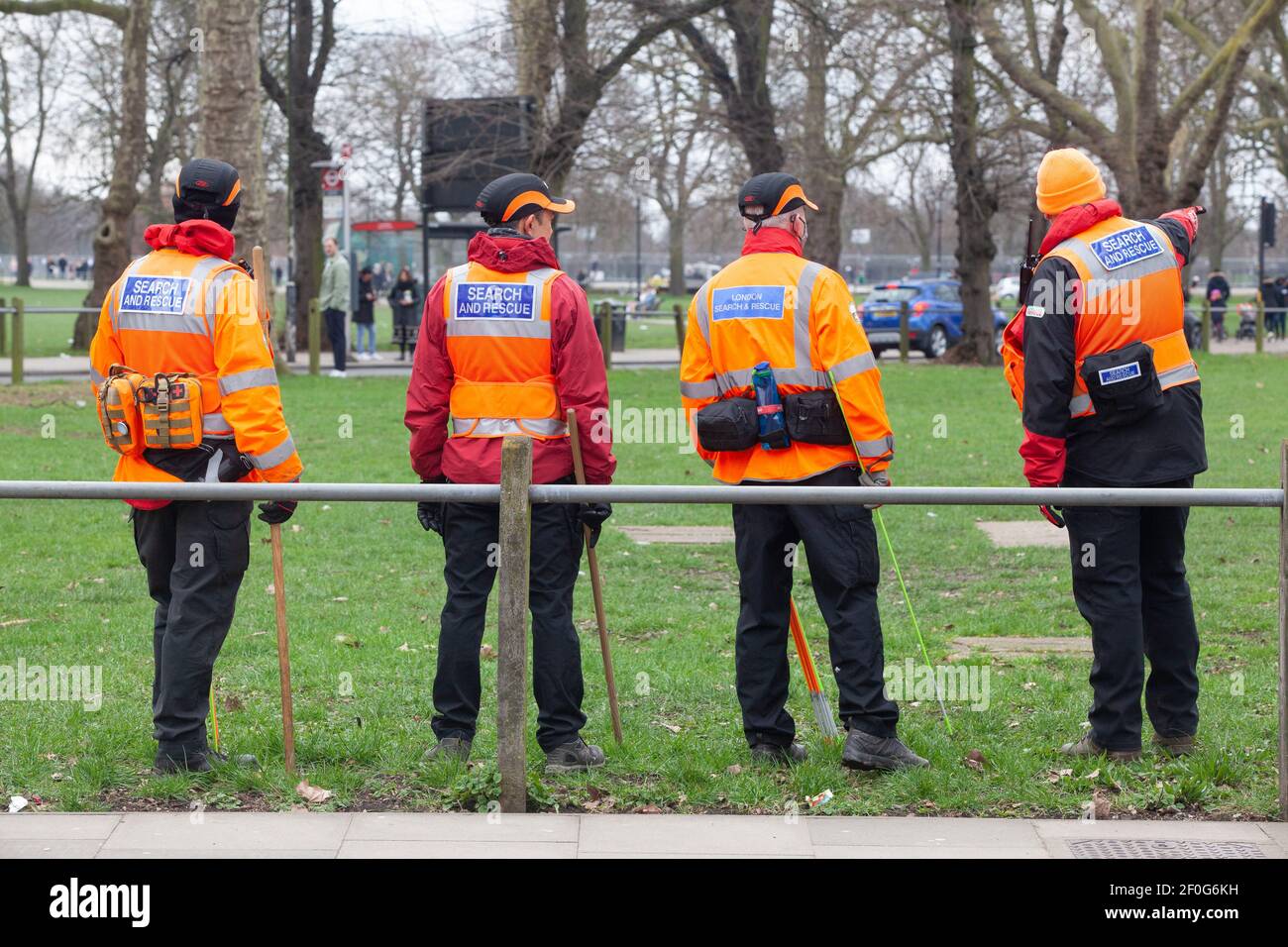 London, UK, 7 March 2021: Volunteers from London Search and Rescue work ...