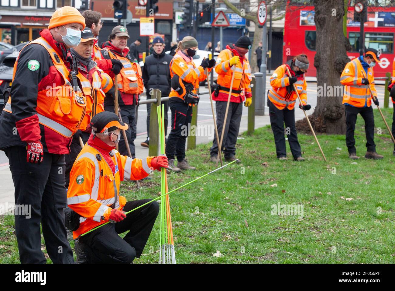 London, UK, 7 March 2021: Volunteers from London Search and Rescue work ...