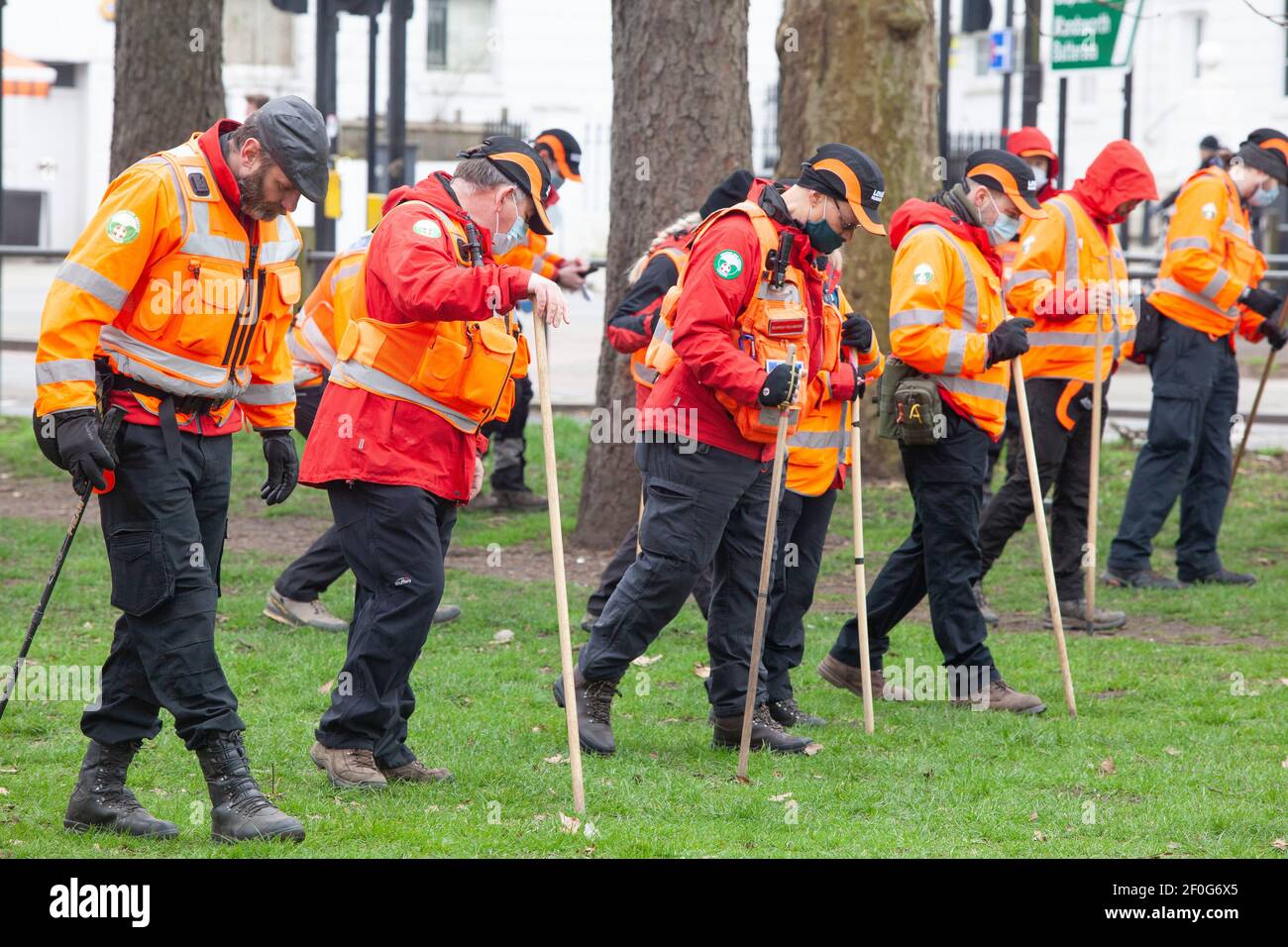 London, UK, 7 March 2021: Volunteers from London Search and Rescue work ...