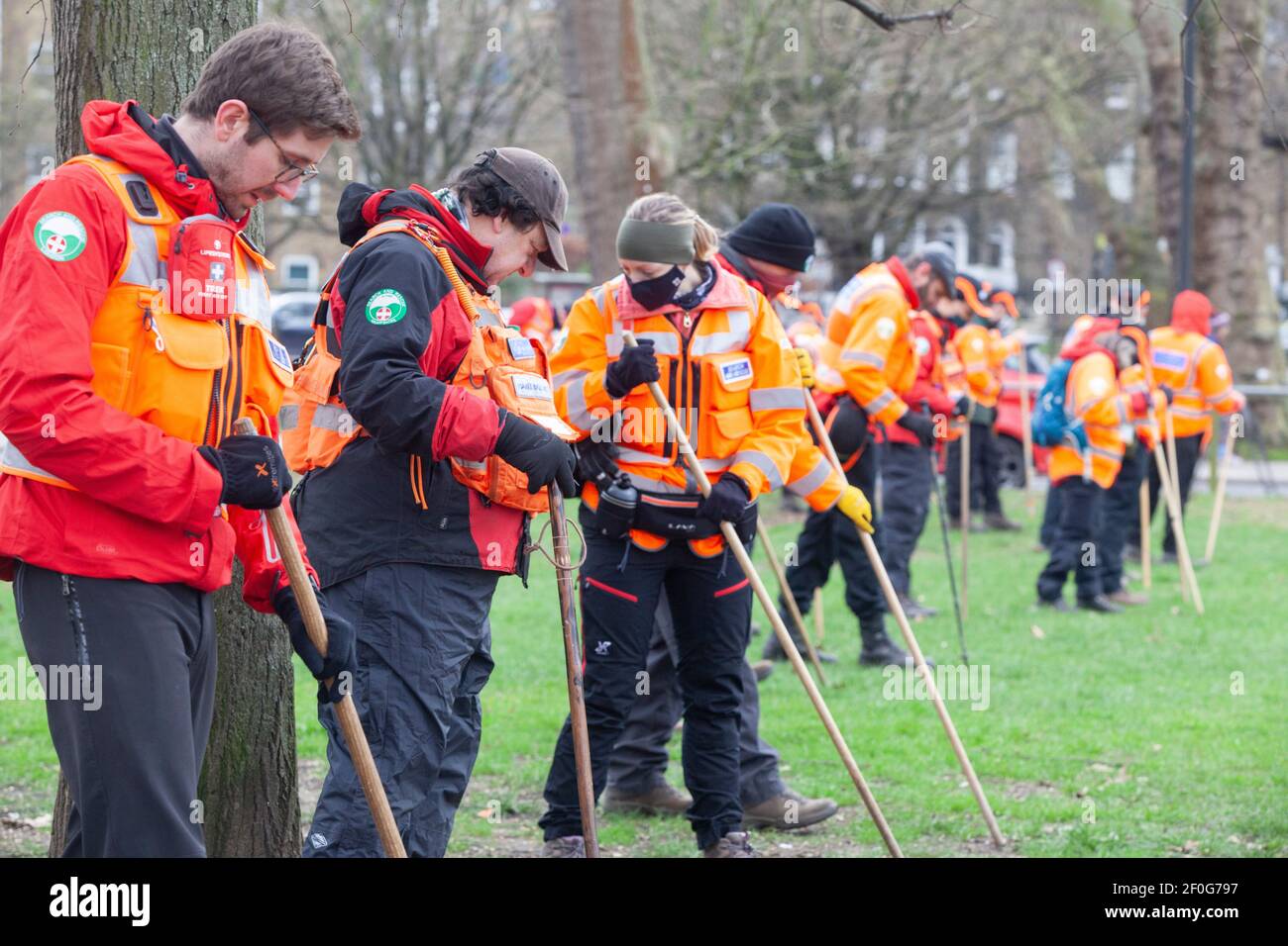 London, UK, 7 March 2021: Volunteers from London Search and Rescue work ...