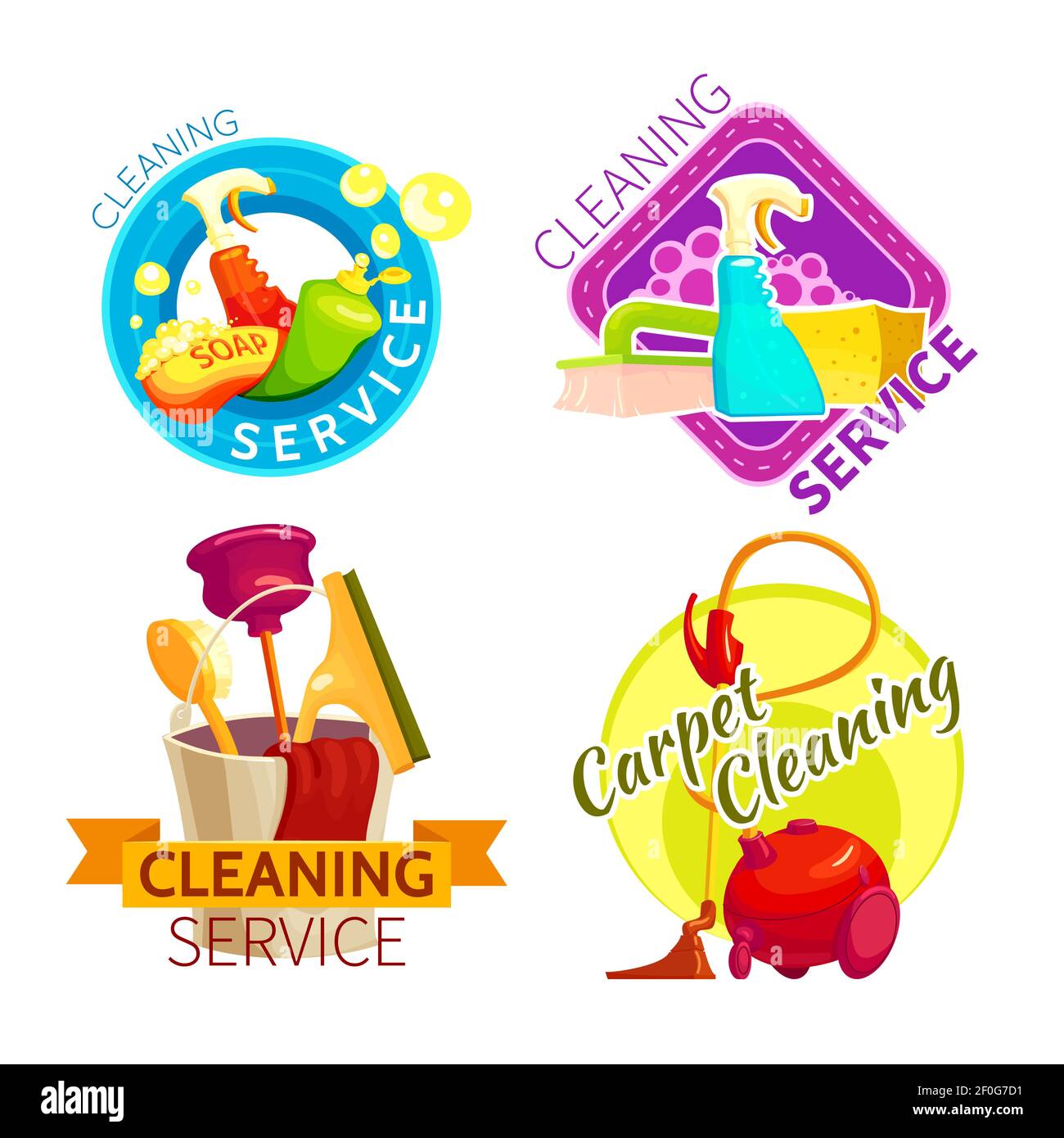 Colored cleaning service badge set with cleaning service and carpet ...