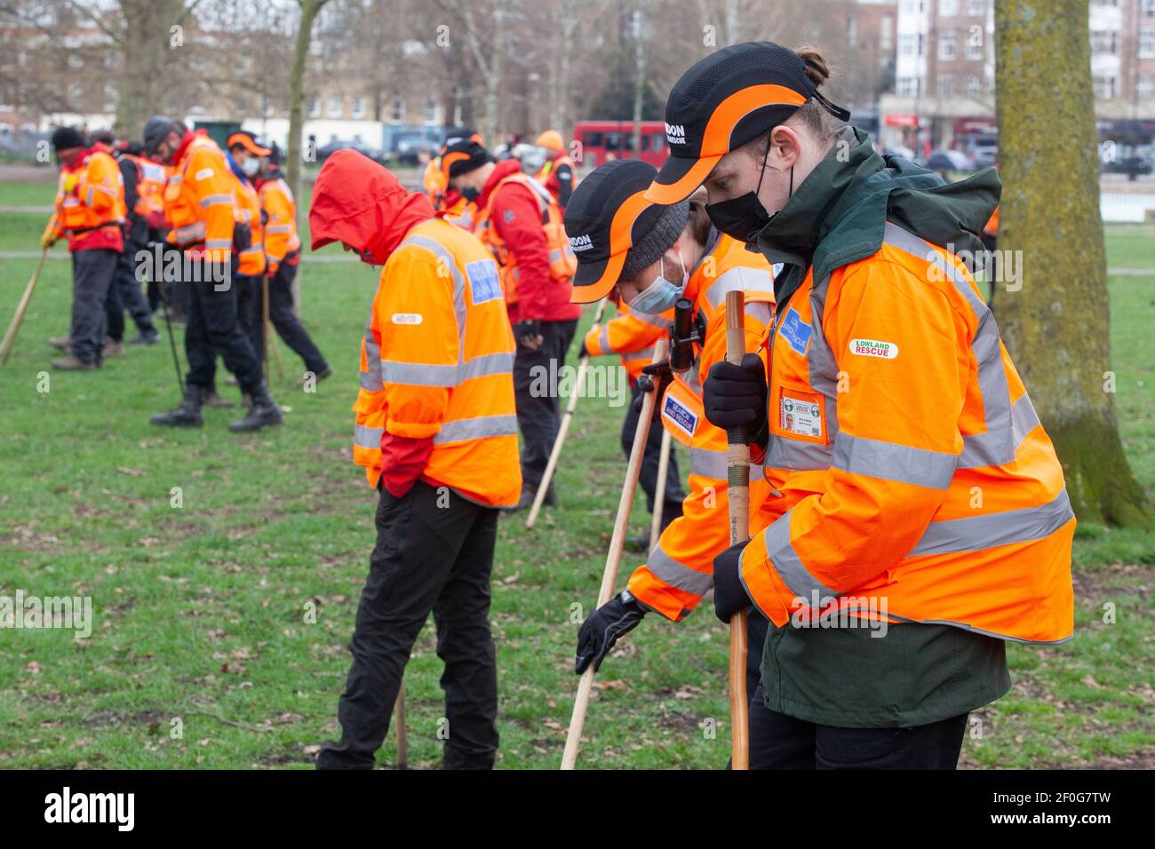 London, UK, 7 March 2021: Volunteers from London Search and Rescue work ...
