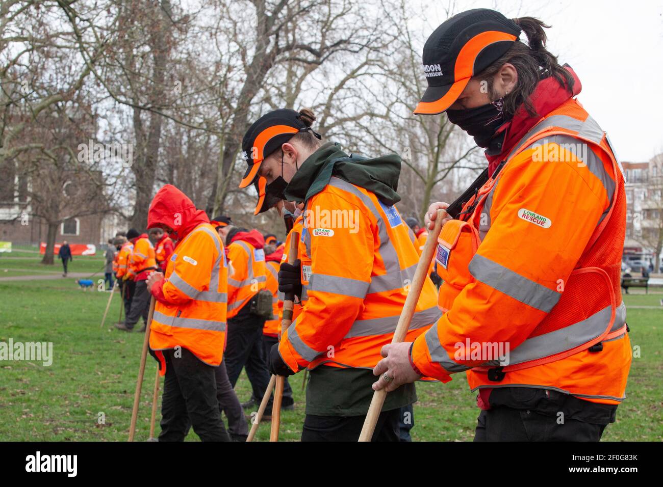 London, UK, 7 March 2021: Volunteers from London Search and Rescue work ...