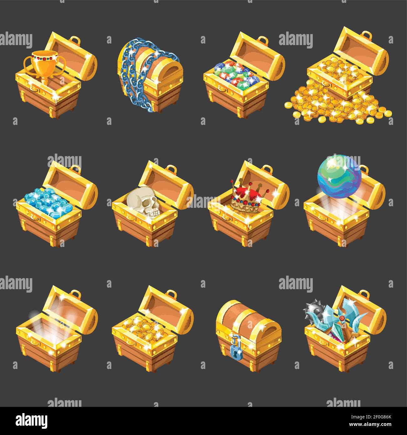 Treasure chests isometric cartoon set with golden coins jewelry ...