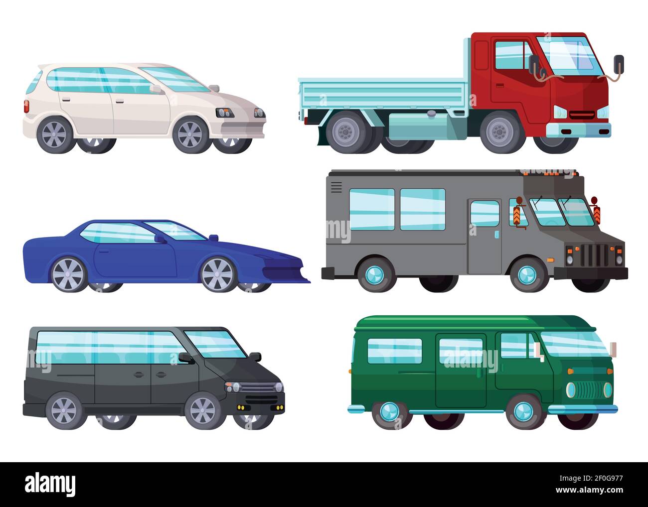 Isolated orthogonal cartoon style car images set with six cars of ...