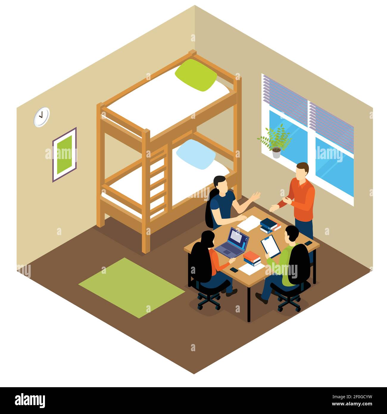 Education student isometric composition with students in dormitory in a ...
